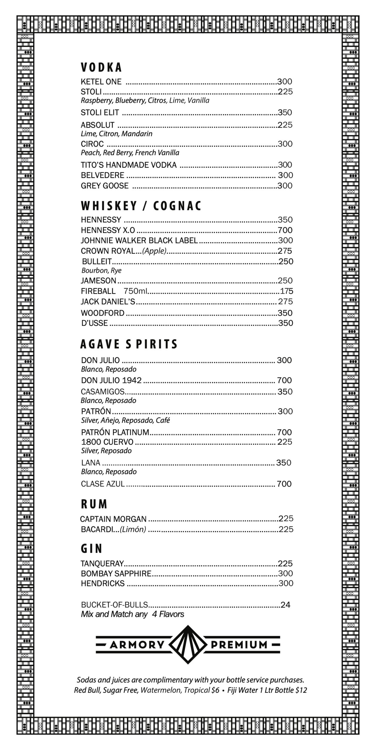 Armory Premium Spirits Menu - Armory